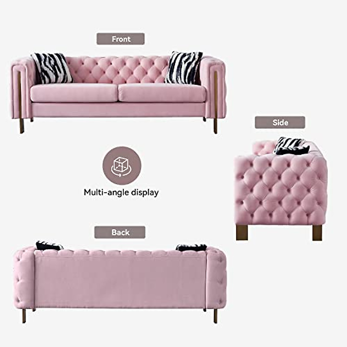 Melpomene Modern Button Tufted Velvet Sofa Chesterfield Sofa with Square Arm, Gold Metal Legs and 2 Throw Pillows for Living Room (Pink)