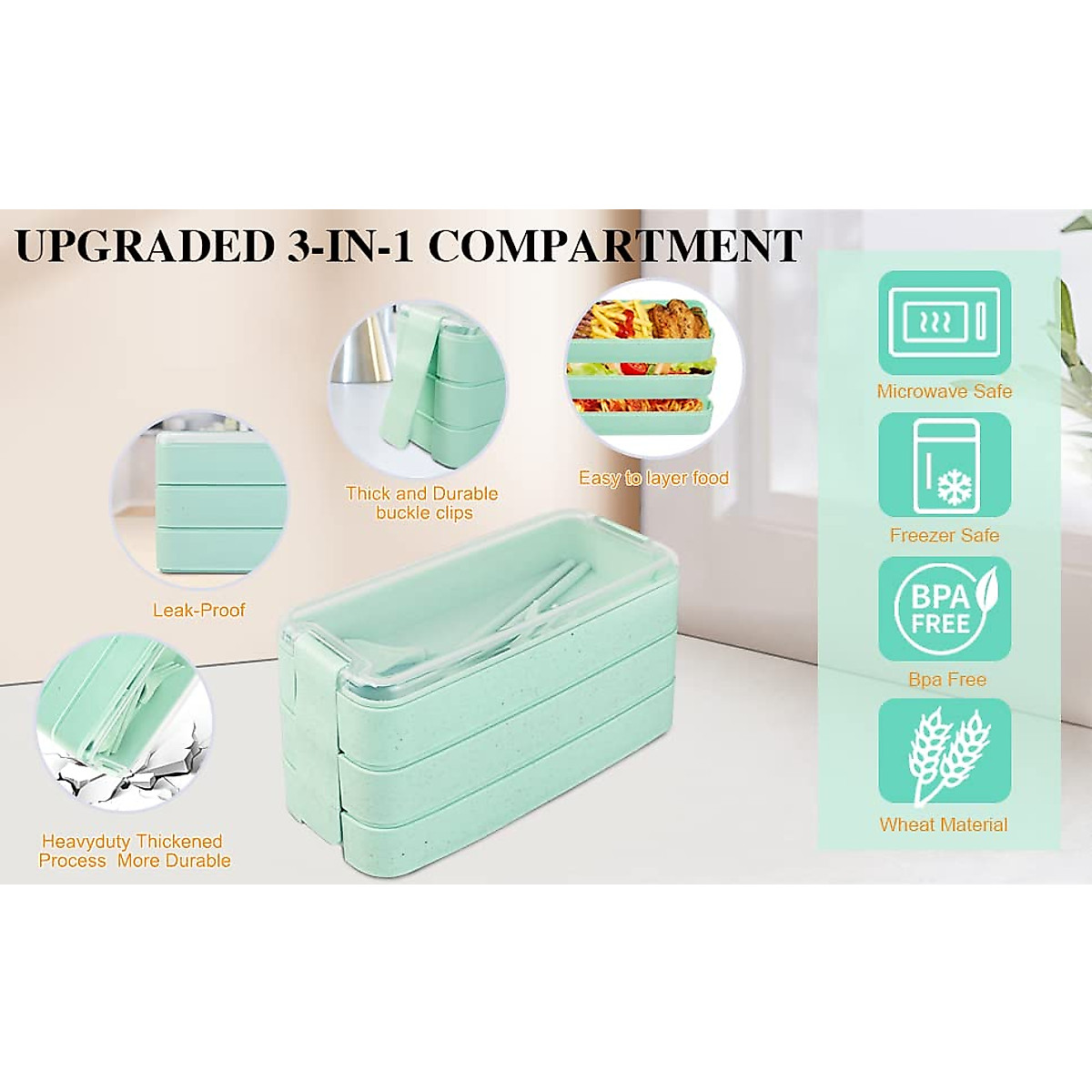 KUBYA Bento Lunch Box Set,Stackable Lunch Container Leak-Proof 3-In-1 Compartment With Ice Packs, Reusable Lunch Bag, Food Bags, Sauce Cups, Lunch Box Microwave Freezer Safe（GREY）