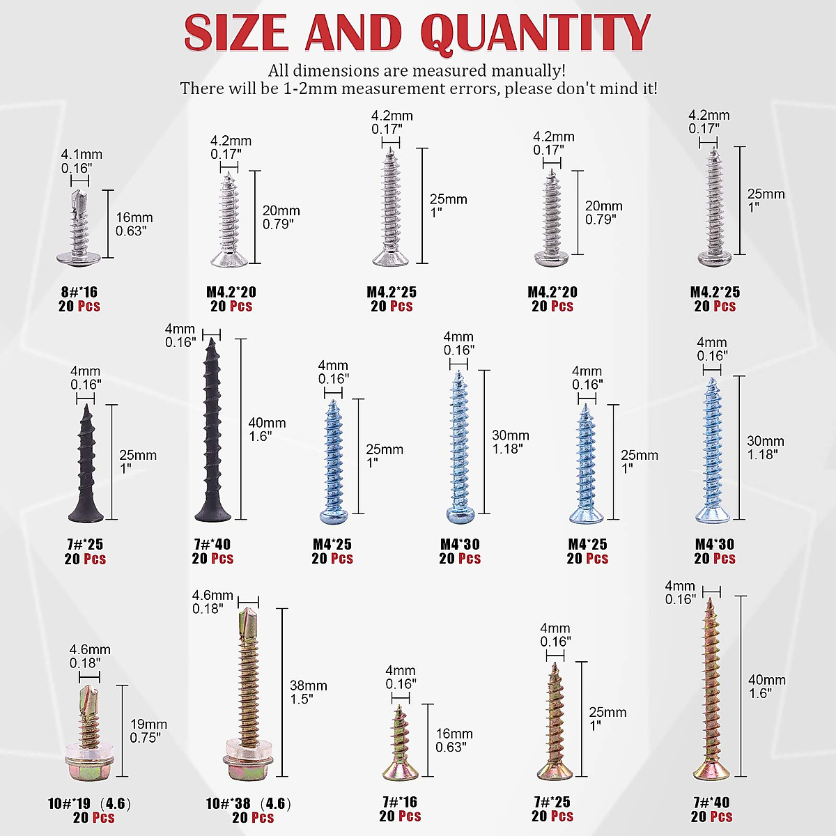 Hilitchi 320Pcs Self Drilling Self Tapping Screws Stainless Steel Zinc Plated Phillips Flat Head Bugle Head Pan Head Wafer Head Screw Assortment Kit for Wood Screws, Sheet Metal Screws, and Drywall