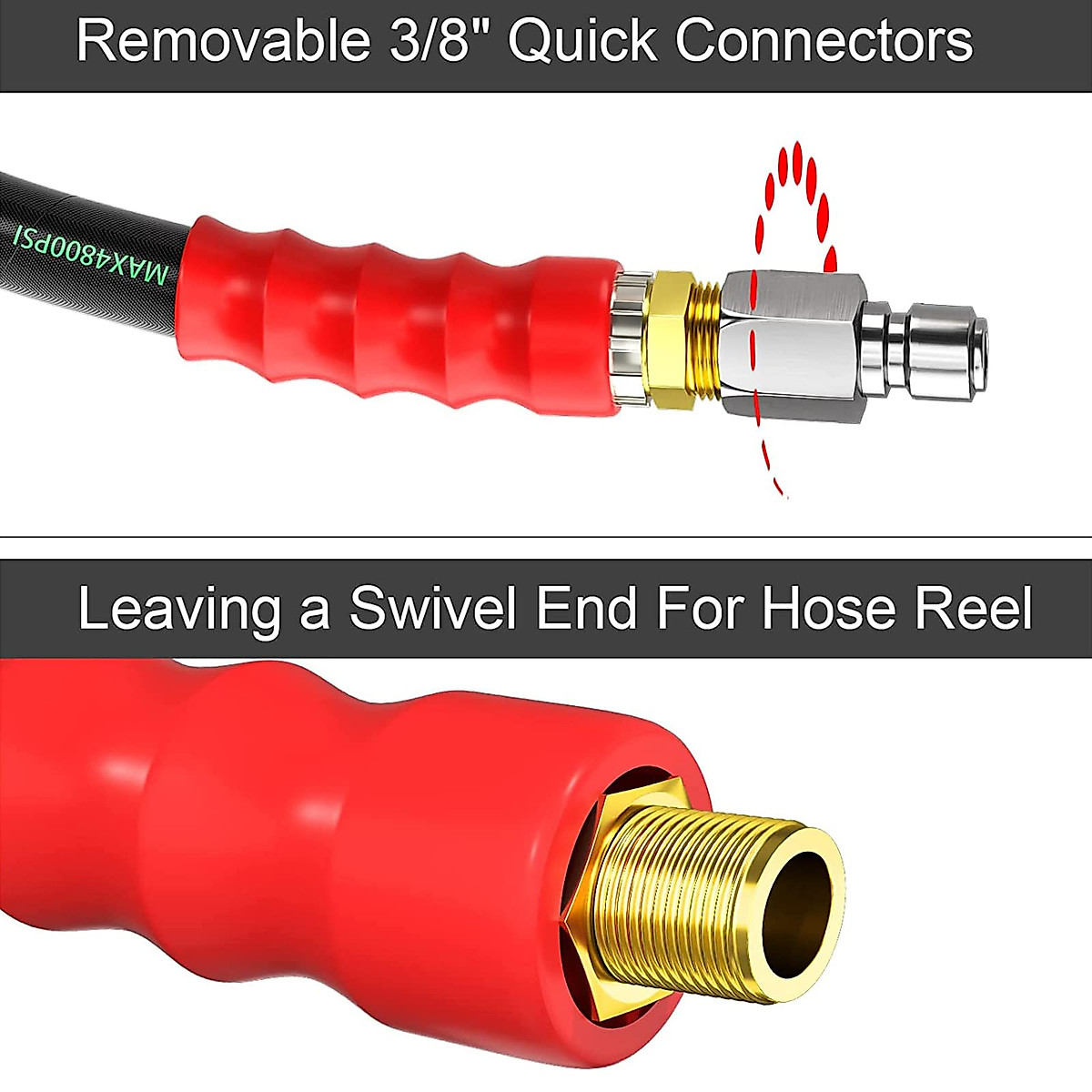 POHIR Pressure Washer Whip Hose 5FT, Hose Reel Connector Hose 248°F Hot/Cold Water Jumper Hose 3/8" with Quick Connect Adapter, Industry Grade Steel Wire Braided & Synthetic Rubber Jacket 4800 PSI