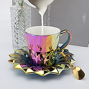 VCXOX Ceramic Coffee Mug, Creative French style Cup with Electroplated Geometry Saucer & Spoon Sets, Novelty Coffee Cup,6 oz/180 ml for Tea Latte Milk (purple)
