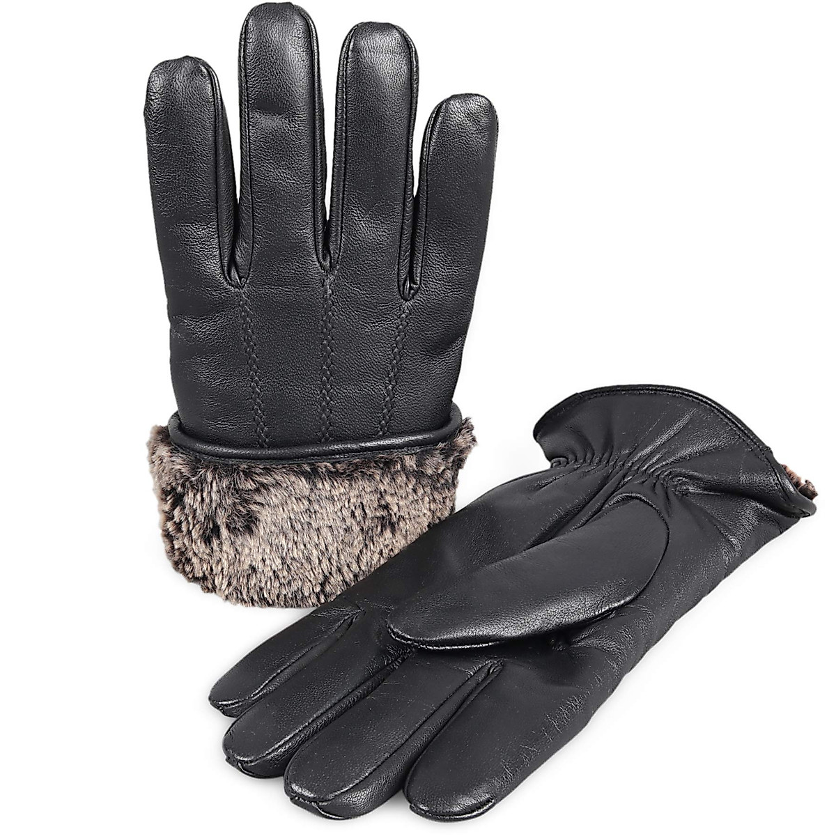 Zavelio Men's Premium Shearling Sheepskin Fur Lined Leather Gloves Black Xlarge
