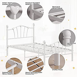 Amyove White Twin XL Metal Bed Frame with Headboard and Footboard for Bedroom Guestroom Dorm Apartment Sturdy Platform Bed Reinforced Bed Slats and 11.5 Inches Underbed Storage Space, Heart-Shaped