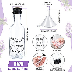 Bokon Mini Wedding Liquor Bottles Take a Shot We Tied The Knot Shot Glasses for Guests 1.7 Fl Oz/ 50 ml Plastic Reusable Empty Bottle with Cap Funnel Acrylic Shot Bottles for Bridal Party (100 Pcs)