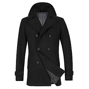 Lisskolo Men's Woolen Coat Slim Fit Winter Warm Pea Coat Wool Outwear Jacket Black XS