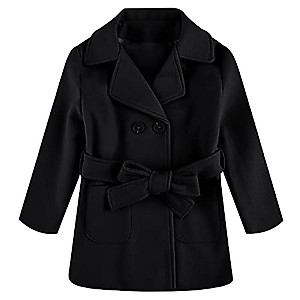 Baby Kids Boys Girls Classic Wool Blend Coat Winter Double Breasted Trench Coat Outwear Pea Coat Jacket with Belt Black