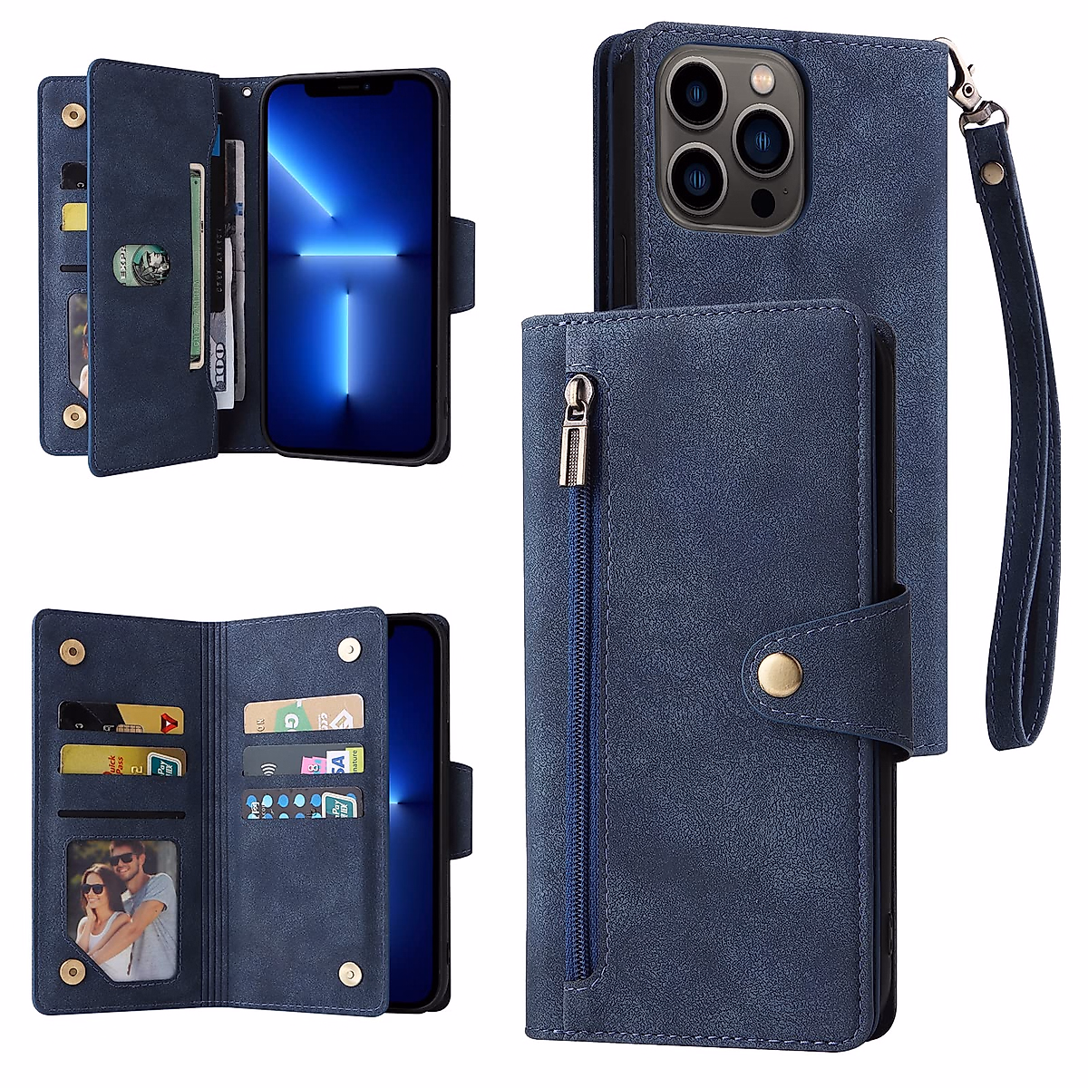 QDSKY iPhone 13 Pro Max Cases, iPhone 13 Pro Max Wallet Case for Women with 9 Card Holders & Kickstand & Strap PU Leather Flip Case for iPhone 13 Pro Max 6.7, Blue