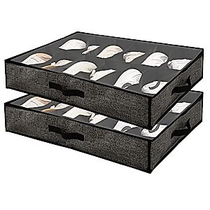 Under Bed Shoe Storage Organizer, Set of 2 for 24 Shoes - Slide This Sturdy Shoe Organizer Under Bed to Declutter & Save Space - 2 Underbed Storage Containers Come in Chic Gray with Clear Windows