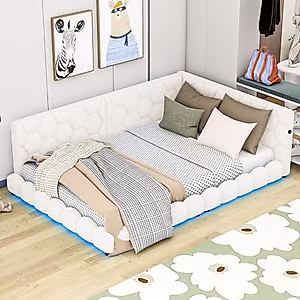 RORIGAT Upholstered Full Size Platform Bed with USB Ports and LED Belt,Wood Teddy Fabric Corner Daybed Frame for Bedroom,White
