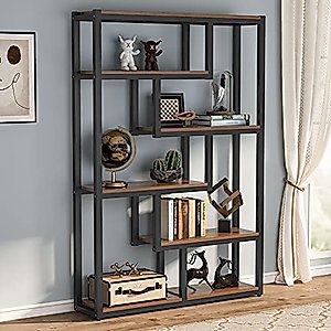 TRIBESIGNS WAY TO ORIGIN 6-Shelf Industrial Bookshelf, Vintage Etagere Bookcase, 69 Inch Tall Storage Display Staggered Shelves with Sturdy Metal Frame for Home Office, Dark Walnut