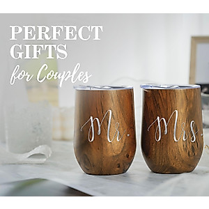Onebttl Mr And Mrs Gifts Tumbler Set, Best Wedding Gifts, Engagement Gifts for Wedding Day, Valentine's Day, Thanksgiving Day, Christmas, Stainless Steel Tumbler with Lid 12oz/350ml - Wood
