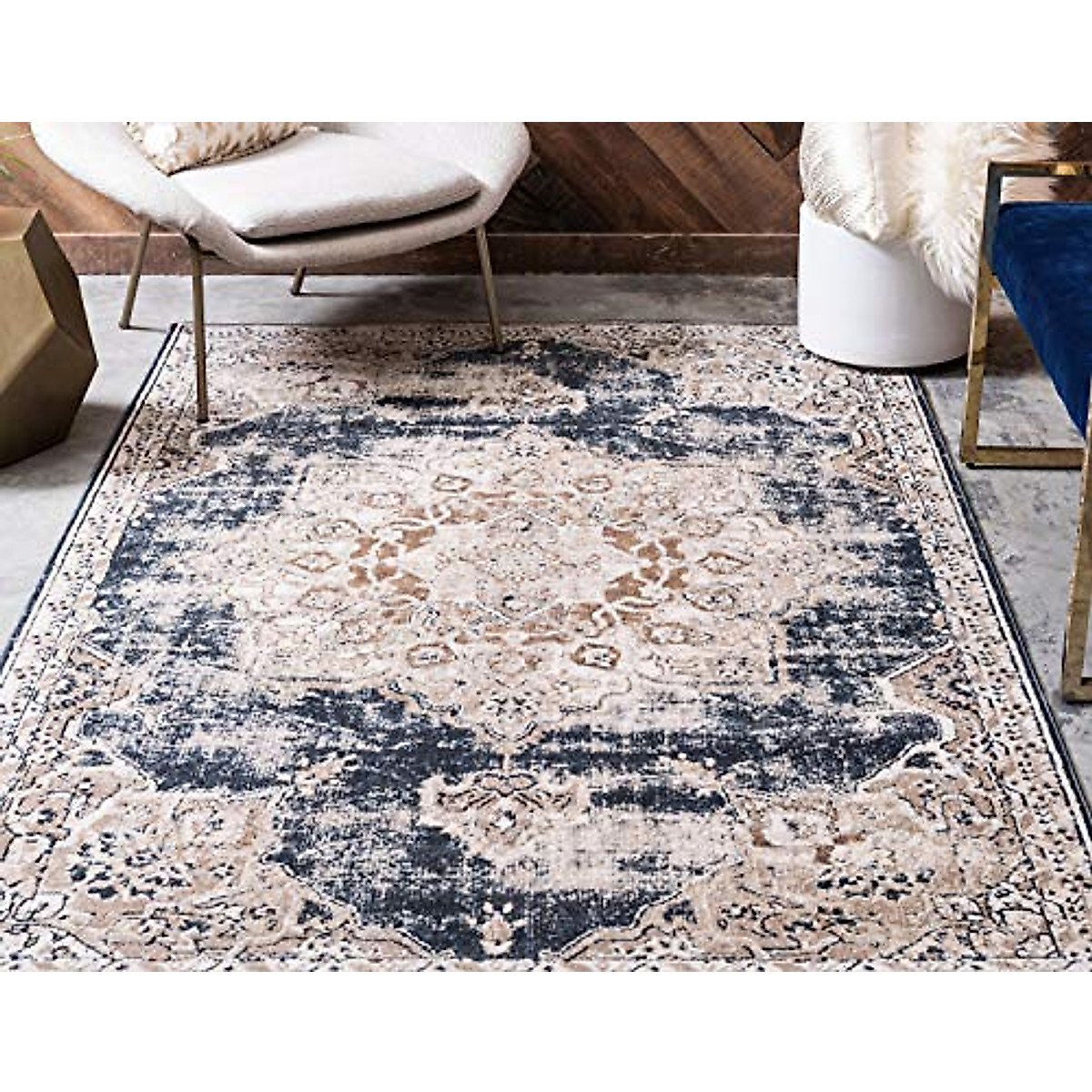 Unique Loom Chateau Collection Vintage, Distressed, Medallion, Rustic, Traditional Area Rug, 8' 0" x 10' 0", Beige/Navy Blue