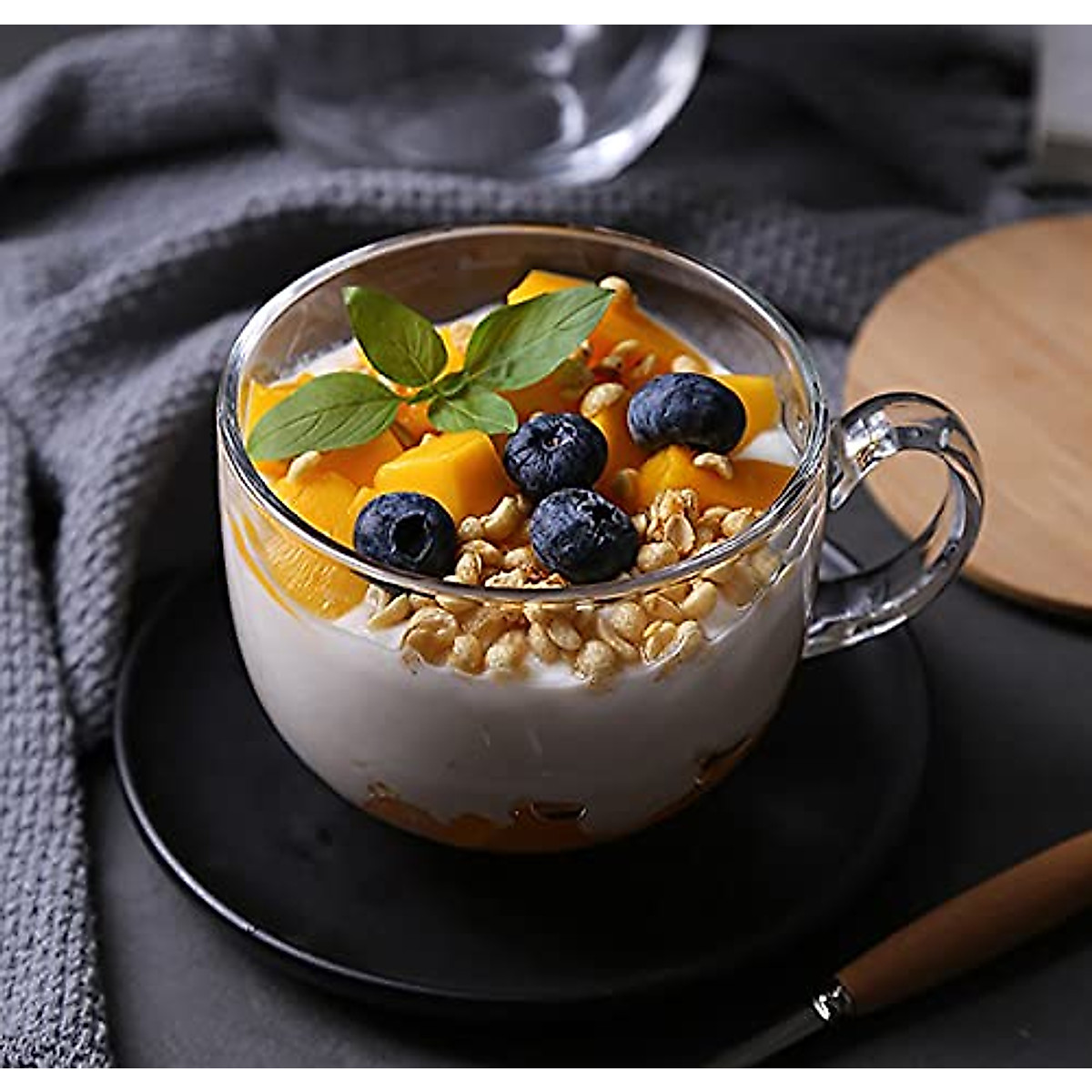 Lawei Set of 4 Glass Coffee Mug with Handle - 15 Oz Glass Jumbo Coffee Cups Clear Coffee Mug for Cappuccino, Coffee, Latte, Cereal, Milk, Ice Cream