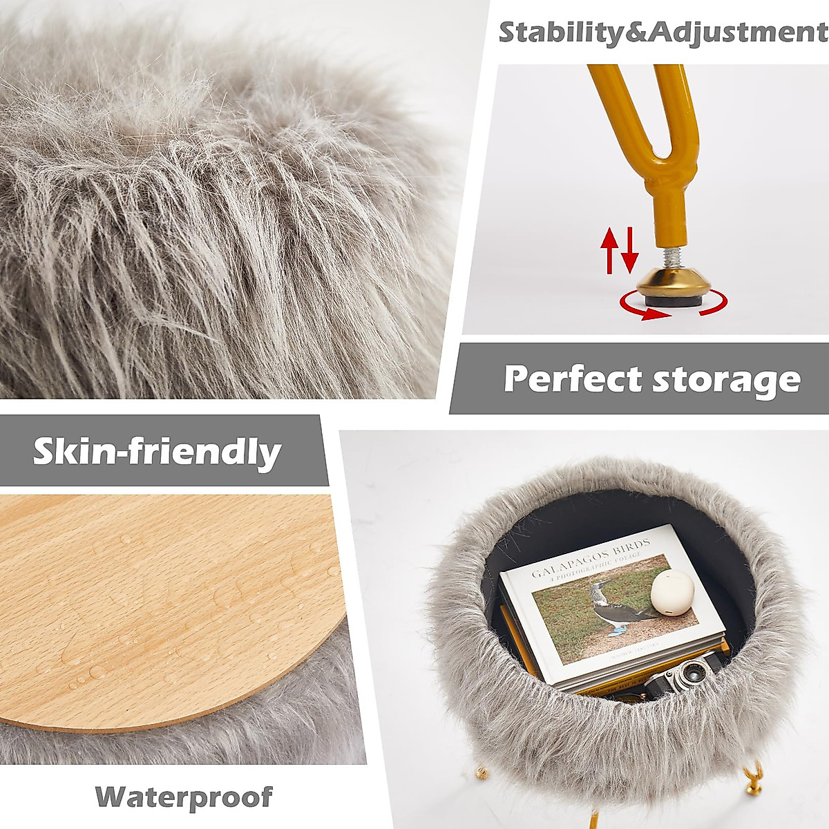 Alessing Grey Vanity Stool Chair with Storage, Faux Fur Storage Ottoman Furry Makeup Stool, Fuzzy Footrest Footstools with 4 Metal Legs & Wood Grain Pallet for Living Room Bedroom Entryway