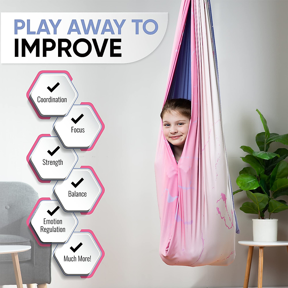 Indoor Sensory Swing for Kids or Outdoor – Holds 300lbs, Double-Layer, & 360° Swivel, Calming Compression Therapy Swing Hammock for Kids & Adults with All Hardware – Sensory-Motor Toys & Gifts
