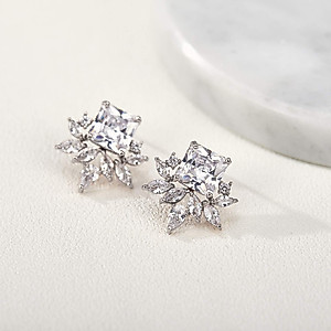 SWEETV CZ Cluster Bridal Wedding Bridesmaids Earrings, Crystal Stud Earrings for Women, Silver,Suitable for Ages 15+