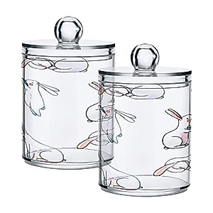 ALAZA Watercolor Rabbit Bunny Easter 2 Pack Qtip Holder Dispenser with Lid 14 Oz Clear Plastic Apothecary Jar Containers Jars Bathroom for Cotton Swab, Ball, Pads, Floss, Vanity Makeup Organizer