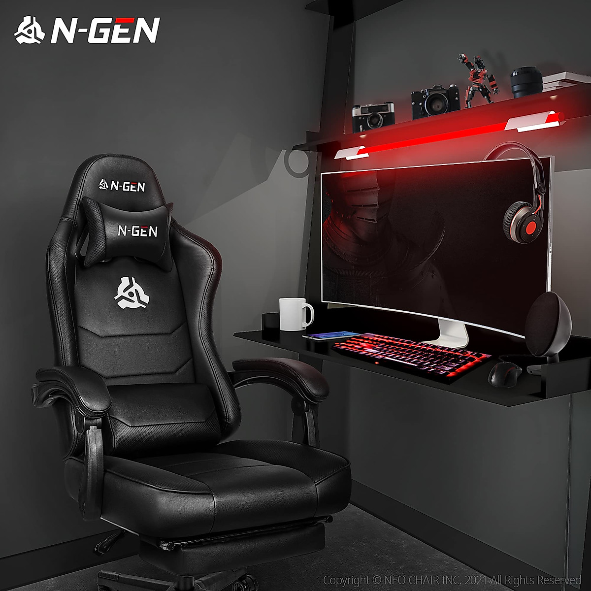 N-GEN Gaming Chair with Footrest Levelled Seat PU Leather Adjustable Ergonomic Lumbar Support High Back Office Swivel Computer Desk Headrest E-Sports PC Gamer Height Reclining (3. Black)
