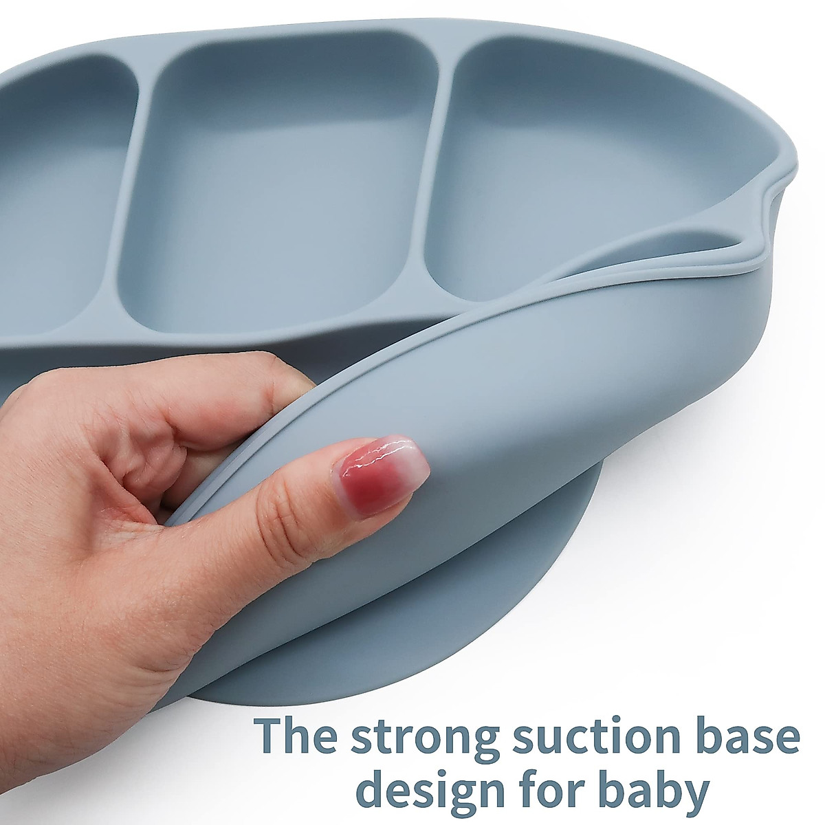 Toddler Plates with Lid Weaning Spoon Fork Set, Santi & Me Silicone Baby Plates with Suction Solid Feeding Dishes and Utensils Set - BPA Free, Microwave & Dishwasher Safe(Dusty blue)