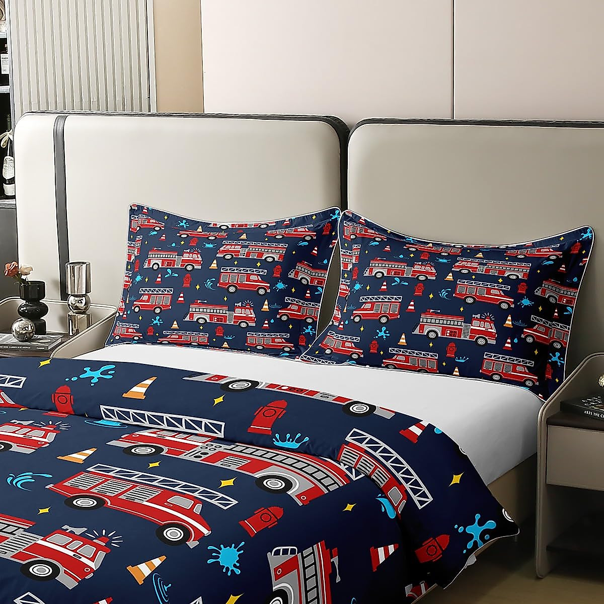 Erosebridal Firefighting Truck 100% Cotton Duvet Cover Twin, Fire Truck Bedding Set for Kids Teens Boys, Cartoon Emergency Rescue Vehicle Comforter Cover, Red Blue Fire Hydrant Roadblock Quilt Cover