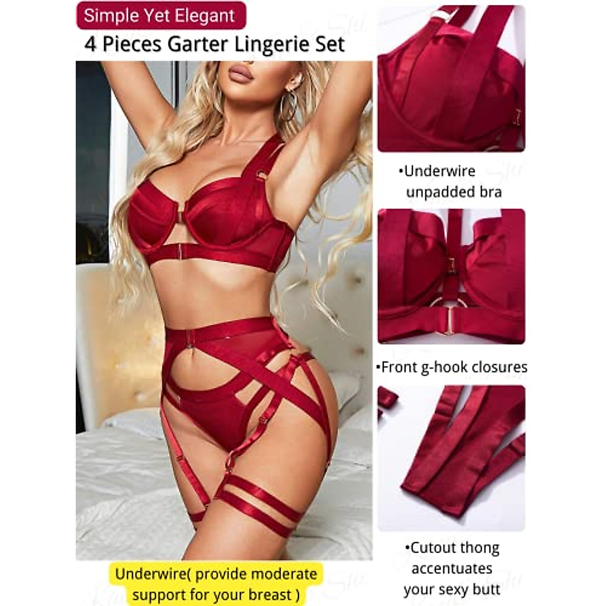 Kaei&Shi Garter Belt Thong Lingerie for Women,Strappy Hollow Out Underwire Racerback Sexy Lingerie,Harness Garter Leg Strap Matching 4 Piece Lingerie Set Boudoir Burgundy Medium