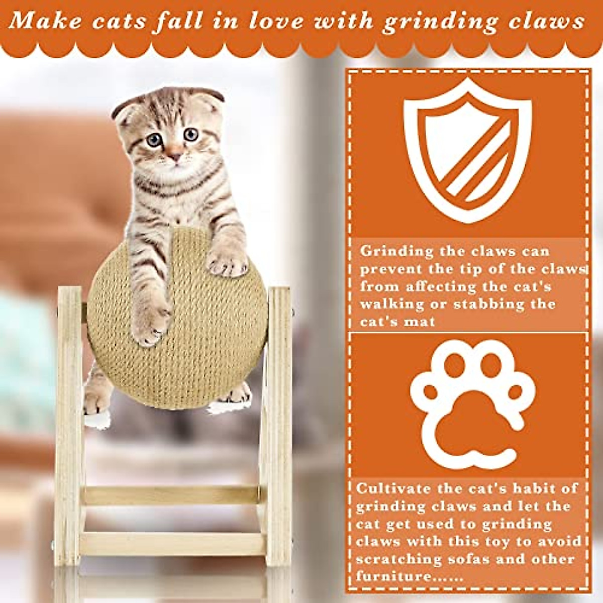 Cat Scratcher Ball Wood Sisal Cat Scratcher Toy Cats Scratcher Orb Scratcher for Indoor Kittens and Cats Nails Interactive Solid Wood Pet Toy Cat Exercise Fun Toy Protect Your Furniture (Small)