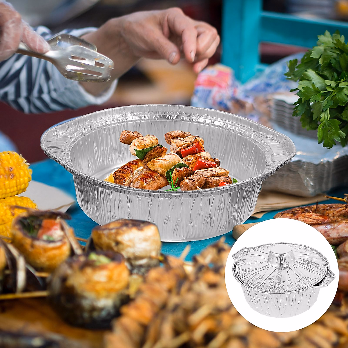 GANAZONO 8 Inch Round Aluminium Foil Pans With Lids 6pcs Disposable Soup Pot Heavy Duty Cookware Trays With Covers Tin Foil Cake Pans for Pies Cake Pan