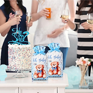 Chiisong 50 Pcs Baby Shower Treat Bags with Bow Plastic Baby Drawstring Candy Goodie Bags Baby Shower Party Favor Gift Bags for Boy Girl Birthday Gender Reveal Party 9 x 6 x 2 Inch(Bear)