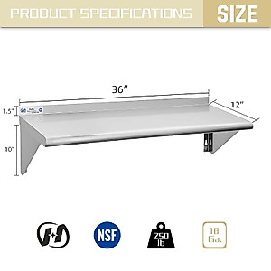 Hally Stainless Steel Shelf 12 x 36 Inches 250 lb, NSF Commercial Wall Mount Floating Shelving for Restaurant, Kitchen, Home and Hotel