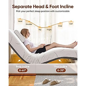 Furgle Adjustable Bed Frame, Adjustable Bed Base Split King for Stress Management, Zero Gravity Base, Head and Foot Incline with 3-Speed Massage, Anti-Snore, Memory Pre-Sets（2TXL）