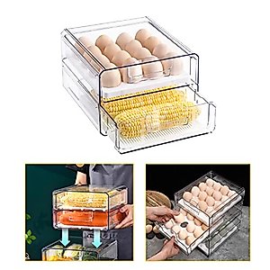 XBY-US 32 Grid Large Capacity Egg Holder for Refrigerator, Double Layer Drawer Type, Multi-Function Storage Drawer Container Organizer with Removable 2pcs Egg Tray+2pcs Drain Tray