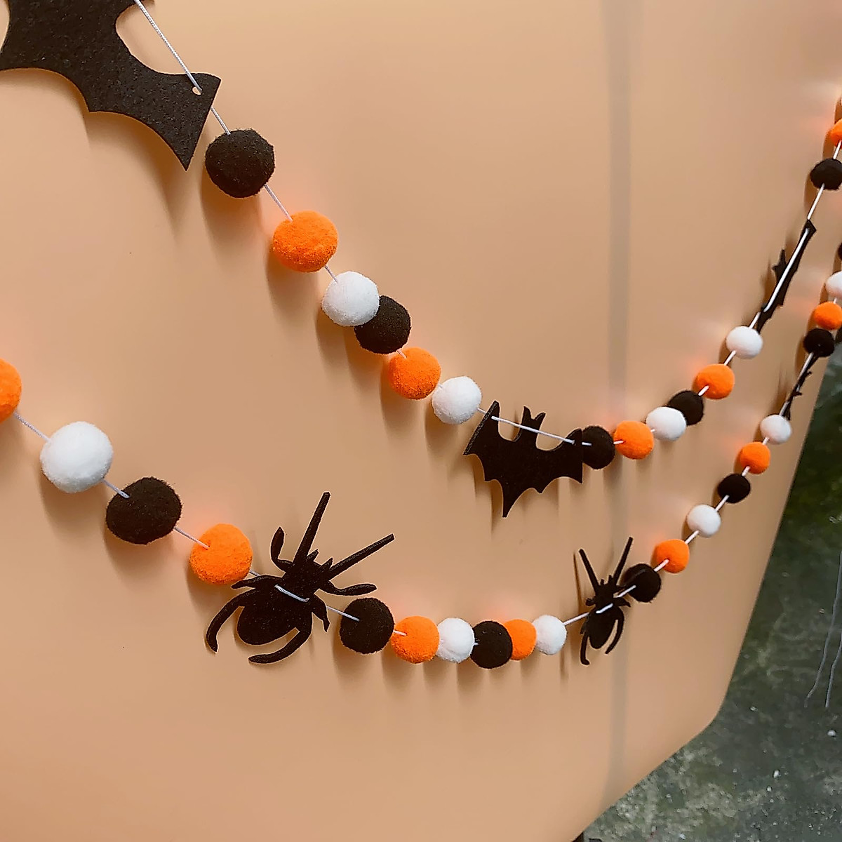 9.84 Ft Halloween Theme Banner, 2 PCS Horrible Spider Bat Banner Black White Orange Party Banner Felt Ball Halloween Garland for Halloween Haunted Houses Decors Doorways Home Mantel Supplies
