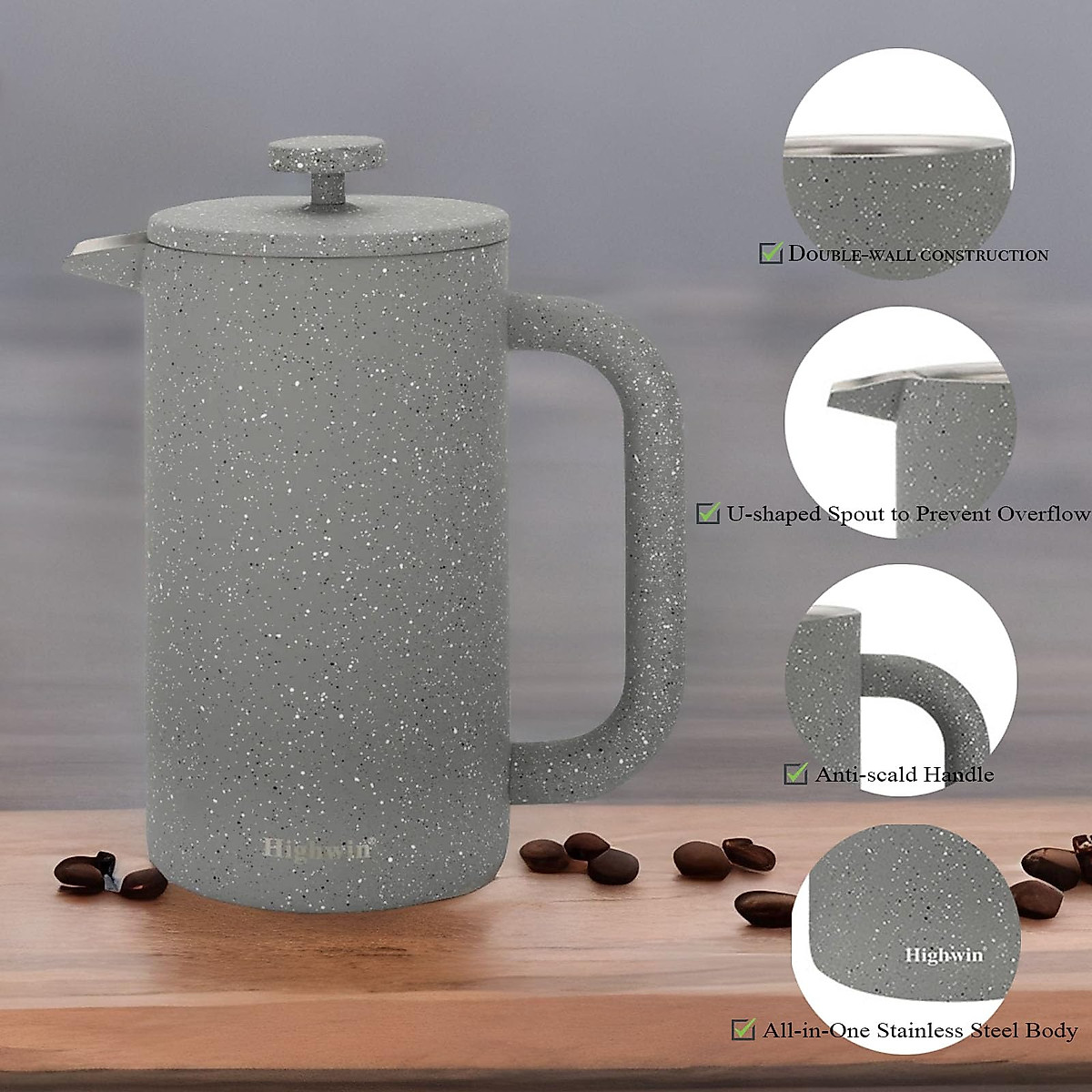 Highwin 8-Cup Double Wall Insulated Stainless Steel French Coffee Press, 32-Ounce Durable Coffee Tea Maker with Stainless Steel Plunger (Graphite Gray)