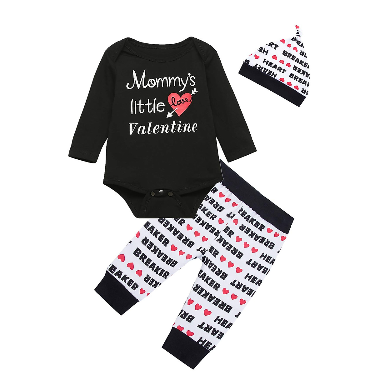 Yruiz 3PC Baby Boys' Mommys' Little Valentine Heart Breaker Outfit Long Pants with hat (6-12 Months)