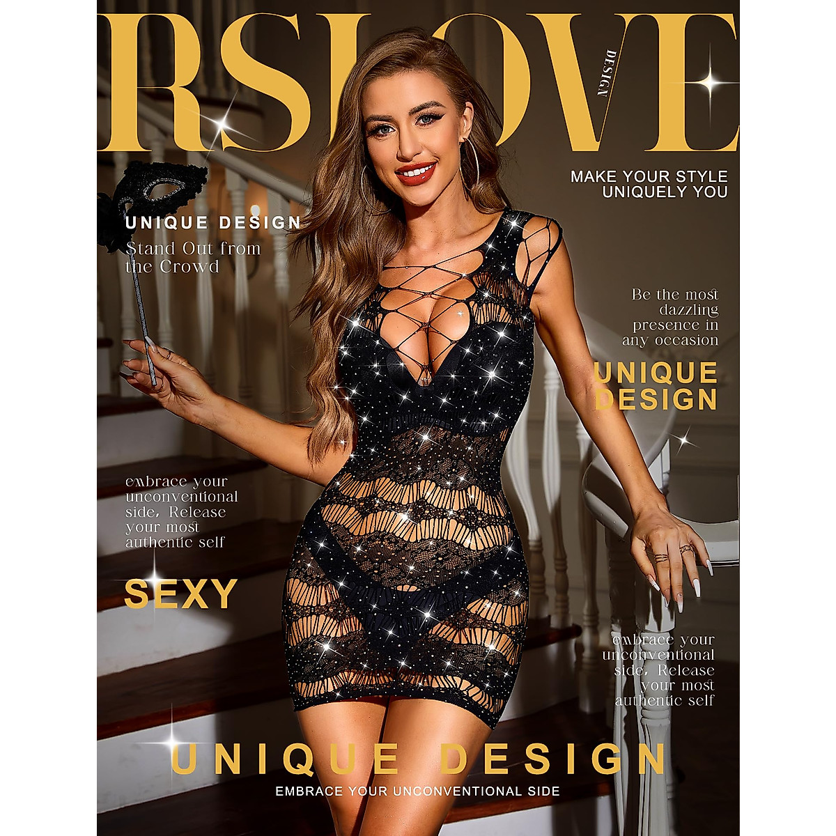 RSLOVE Lingerie for Women Lace Babydoll Chemise Sparkle Rhinestone Boudoir Outfits Fishnet Teddy Dress Black