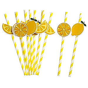 Lemon Biodegradable Paper Straws，Lemon Birthday Party Striped Decorative Straws - Set of 20.