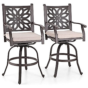 MFSTUDIO Cast Aluminum Bar Height Outdoor Bar stools Set of 2, Swivel Patio Chairs with Extra Wide Seat and Cushion, Brown