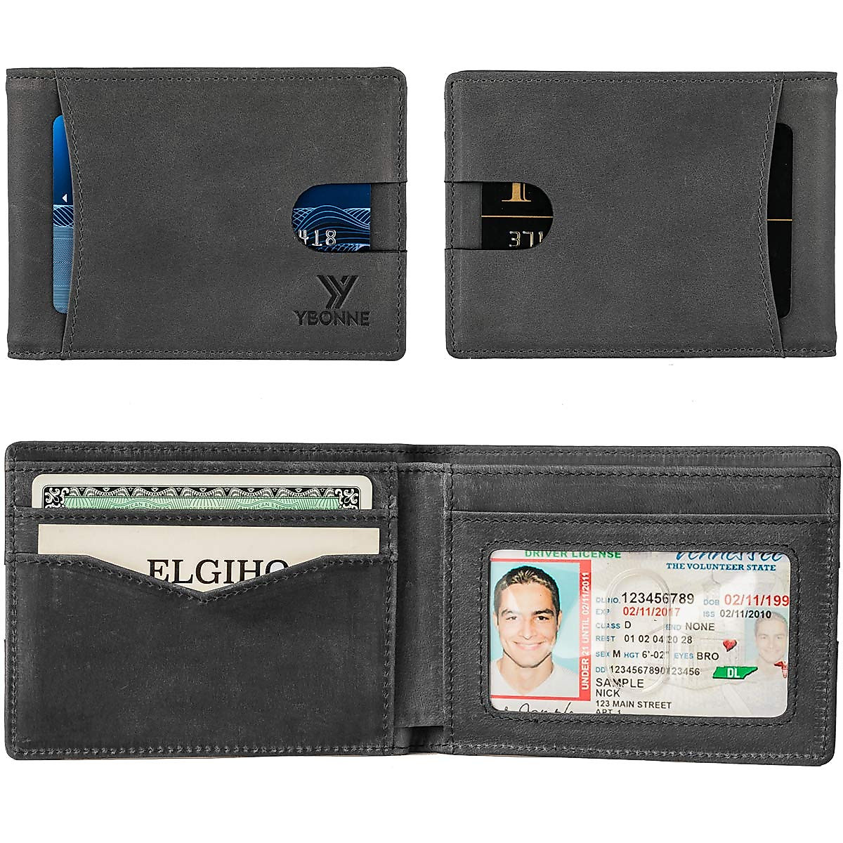 YBONNE RFID Blocking Slim Bifold Wallets for Men, Made of Finest Genuine Leather (Waxy Full-grain Pebble Grey)