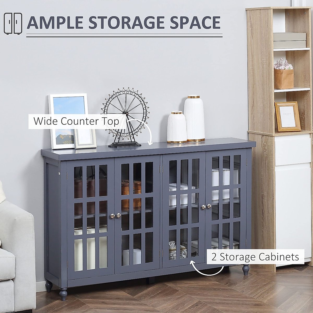 HOMCOM Sideboard, Buffet Cabinet with 4 Tempered Glass Doors, Stripe Pattern and Adjustable Storage Shelf, Credenza, Gray