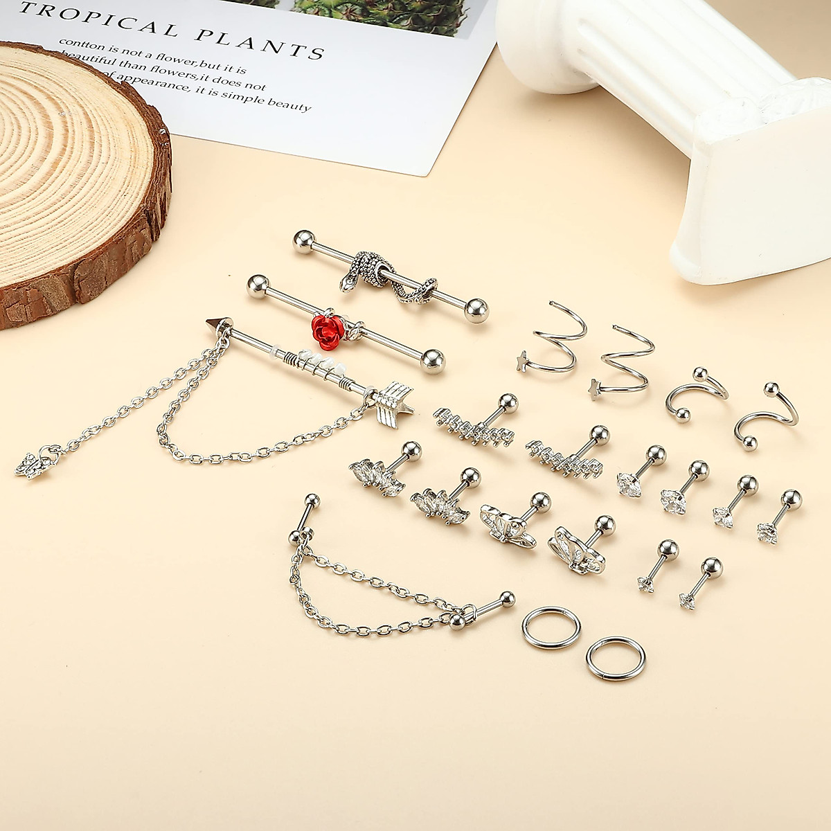 Drperfect Industrial Piercing Jewelry 14G 16G Stainless Steel Cartilage Helix Tragus Conch Earrings for Women Industrial Earrings Chain Cartilage Ear Piercing Jewelry Set