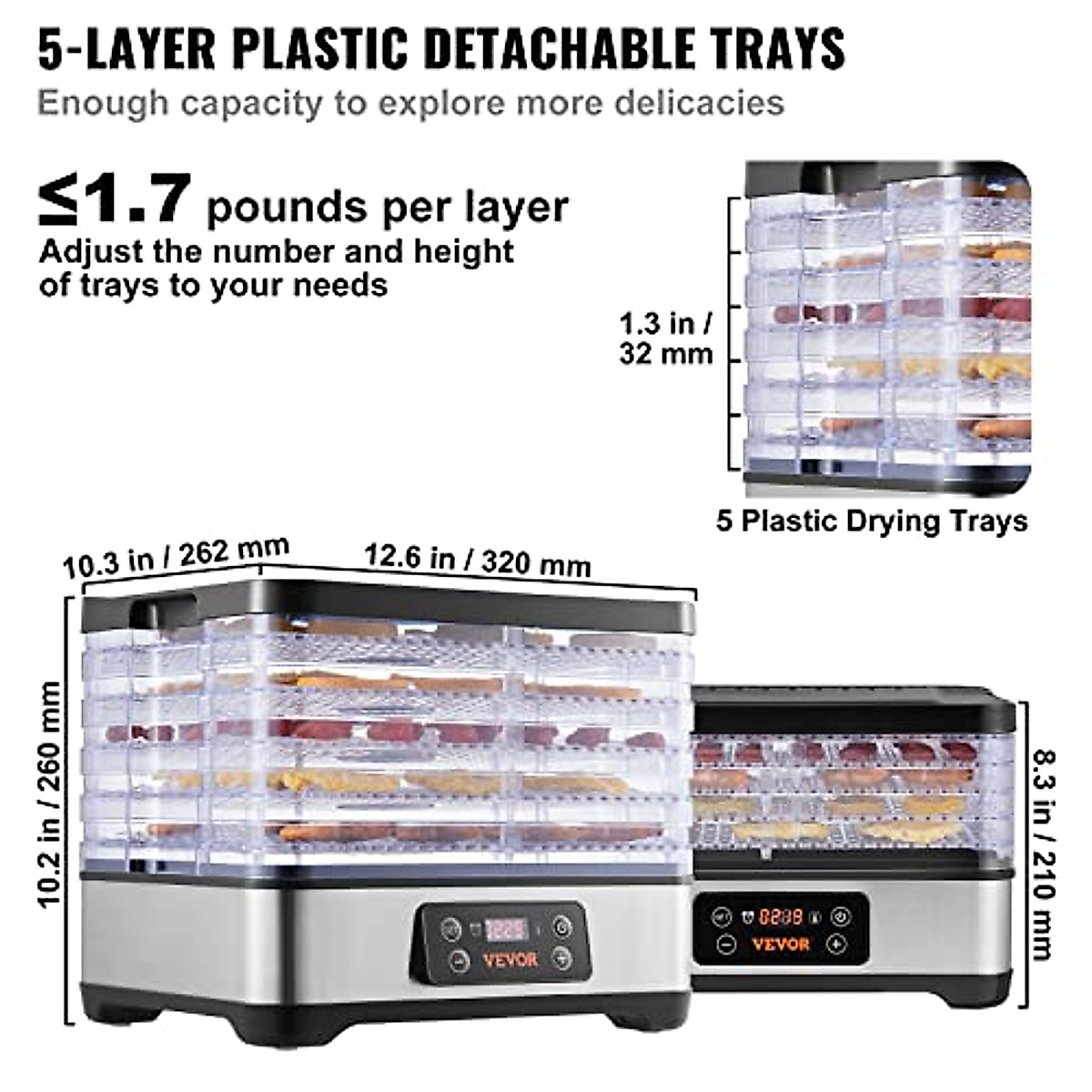 VEVOR Food Dehydrator Machine, 5-Tray Fruit Dehydrator, 300W Electric Food Dryer w/Digital Adjustable Timer & Temperature for Jerky, Herb, Meat, Beef, Fruit, Dog Treats and Vegetables, ETL Listed