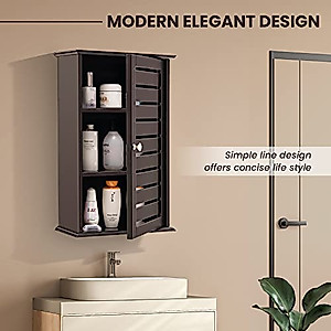 COSTWAY Wall Mounted Bathroom Cabinet, Wooden Storage Cabinet with 2 Adjustable Shelves and Reversible Door, Versatile Hanging Medicine Cabinet for Living Room, Kitchen, Entryway (Brown)