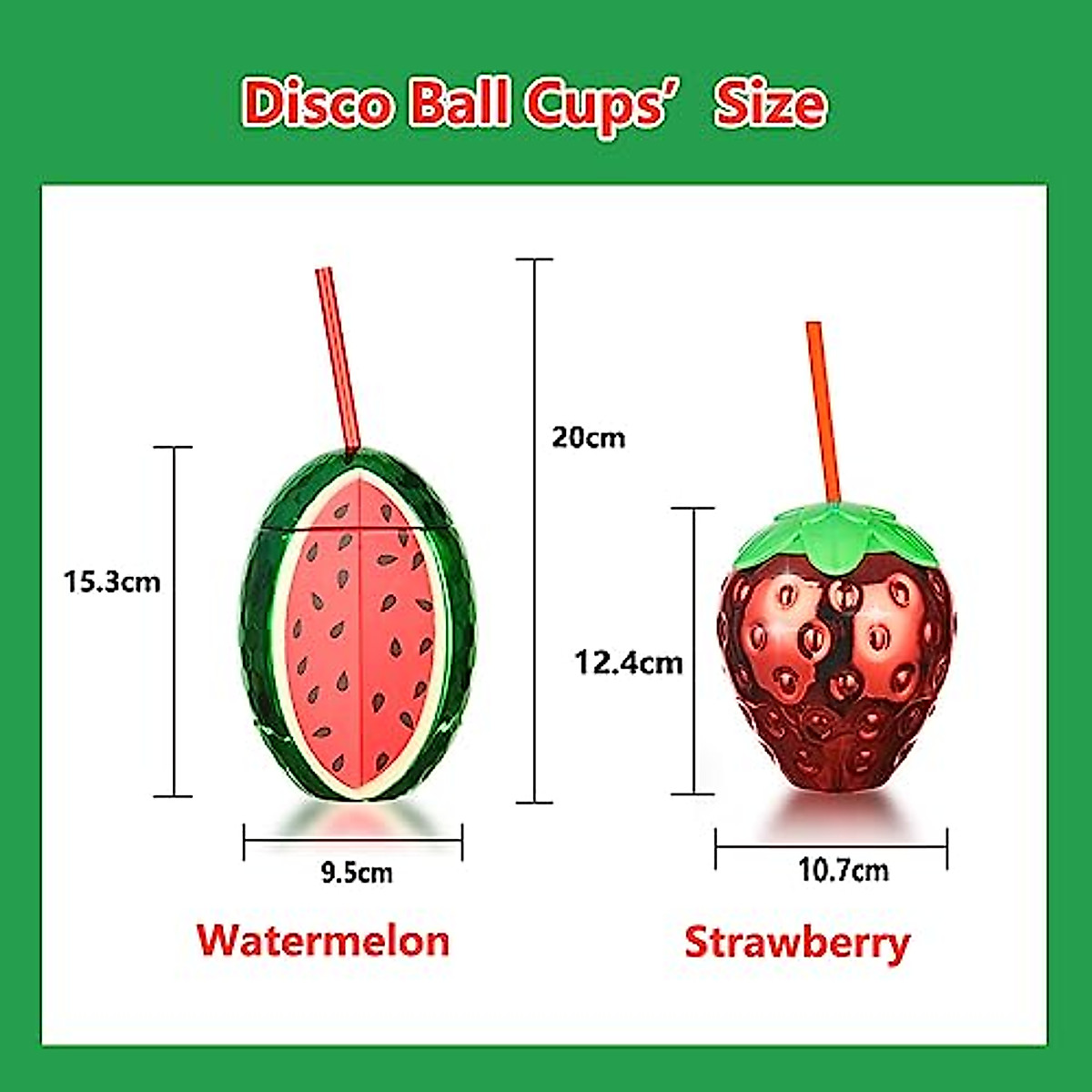 2 PCS,Watermelon and Strawberry Disco Ball Cups With Red Straw,for Party, Removable and Reusable,at The Seaside and Pool.