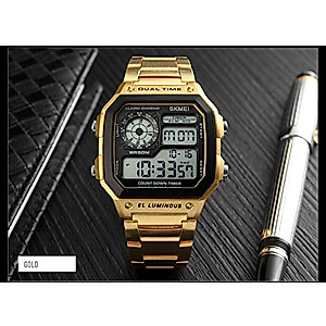 PASOY Men's Digital Multi-Function Watches Dual Time Alarm Stopwatch Countdown Backlight Waterproof Watch (Gold)