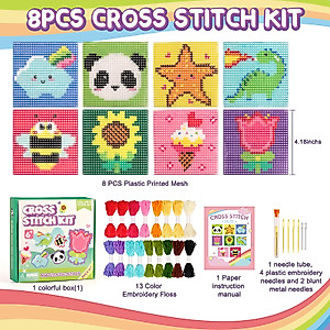 Caydo 8-in-1 Cross Stitch Kit for Beginners Kids, Includes 8 PCS Plastic Canvas with Pre-Patterns, 13 Colors Threads, Instructions, Embroidery Needles for Beginners Sewing