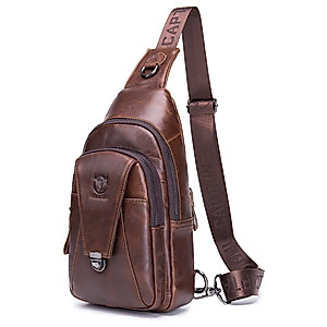 BULLCAPTAIN Leather Sling Bag for Men Multi-pocket Crossbody Chest Bag Travel Casual Shoulder Backpack (Brown)