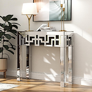 blingworld Silver Console Table with Mirrored Finished, Modern Glass Entryway Table Geometric Design, 32 inches Wide Decorative Small Console Table for Small Space