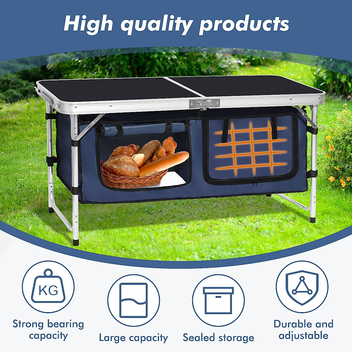 Camp Field Camping Folding Aluminum Table with Adjustable Legs for Outdoor Travel Beach, Backyards, BBQ, Party and Picnic Foldable Table