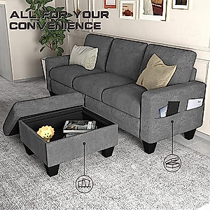 ZeeFu Convertible Sectional Sofa Couch,Grey Snowflake Velvet Modern 3-Seat L-Shaped Upholstered Sofa Couch Set with Storage Reversible Ottoman and Pockets for Living Room Small Space Apartment