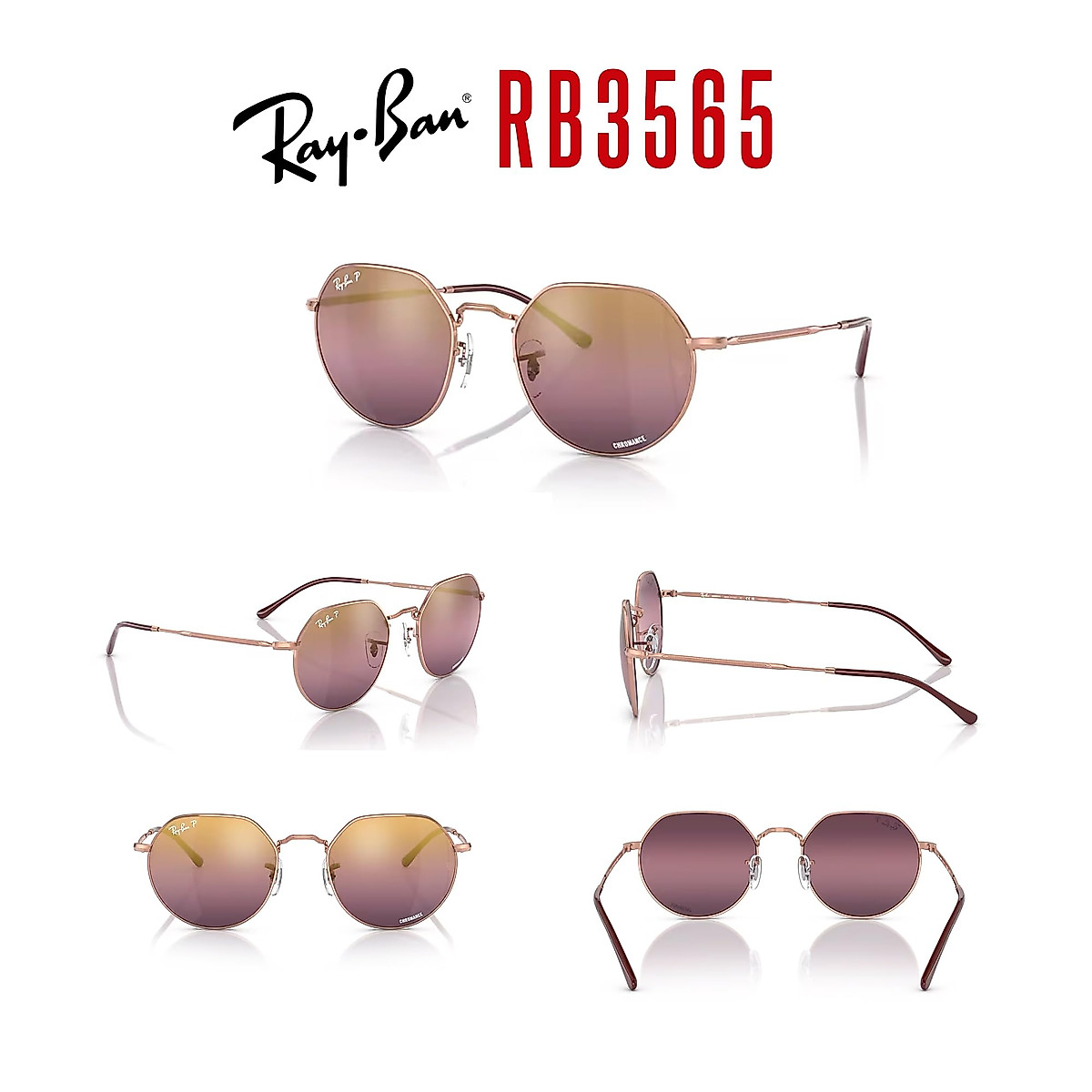 Ray-Ban Jack RB3565 53MM Rose Gold/Crystal Lens Mirror Red Gradient Polarized Chromance Rounded Hexagonal Sunglasses for Men for Women + BUNDLE With Designer iWear Eyewear Kit